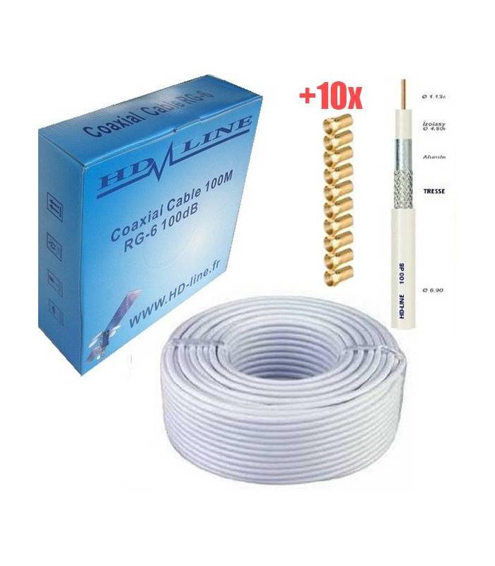 HD-LINE CABLE COAXIAL PRO 100dB + 10 Connecteur F Gold - TNT & ANTEN ...