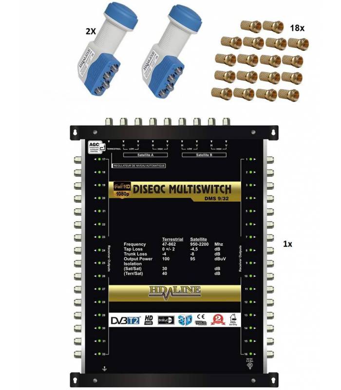 SET MULTISWITCH 9/32 pour 2 têtes de parabole / 32 TV max - BFSAT