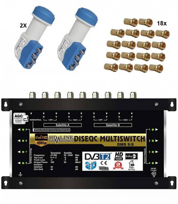 SET MULTISWITCH 9/8 pour 2 têtes de parabole / 8 TV max - BFSAT
